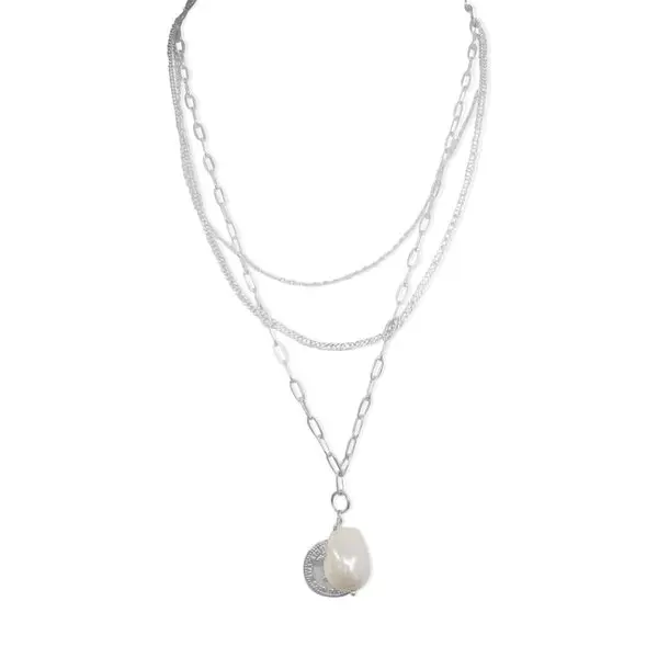 FV JEWELLERY Steel Me Triple Chain & Pearl Necklace - Silver