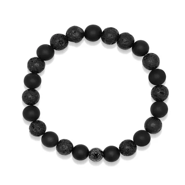 NIALAYA JEWELRY Wristband With Lava Stone, Matte Onyx And Logo Ball - Black