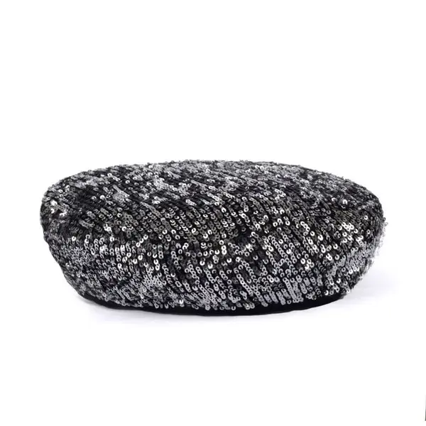 SIBI HATS Silver Sequin Beret Hat - Silver/black