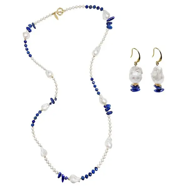 FARRA Baroque Pearl, Lapis Lazuli, And Kyanite Necklace And Earrings Set - Blue