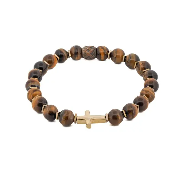 EBRU JEWELRY Tiger's Eye Beaded Bracelet With Gold Cross Charm - Gold/brown