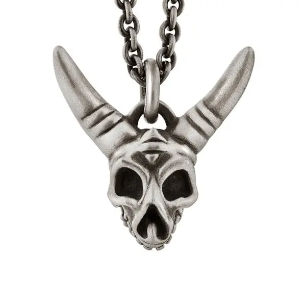 SNAKE BONES Horned Skull Pendant With Hinged Jaw - Silver