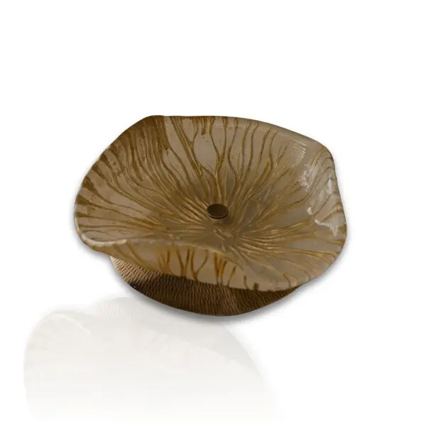 MARLETH Large Textured Glass Centerpiece Bowl With Sandblasted Finish & Brass Base - Brown