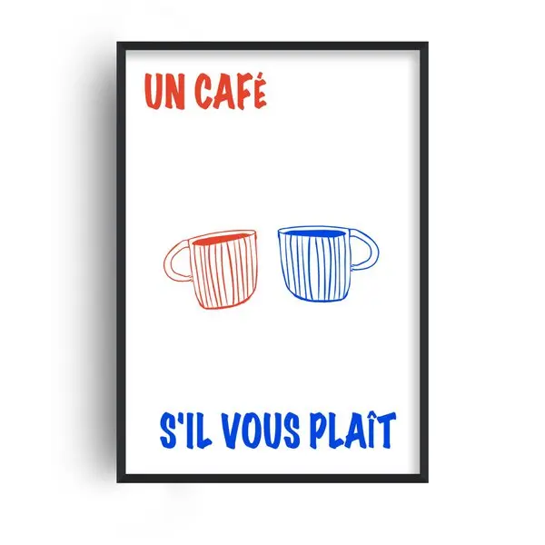 FANCLUB Red / Blue Un Cafe French Coffee Kitchen Retro Inspired Giclée Art Print A2 - Red/blue