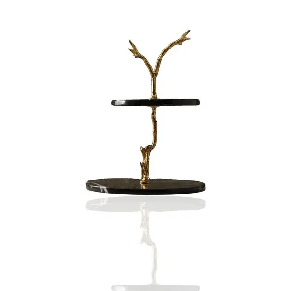 MARLETH Gold / Black Luxury Two-tier Black Marble Stand With Gold Branch Detail - Gold/black