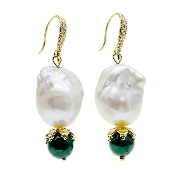 FARRA Baroque Pearl And Malachite Earrings - White