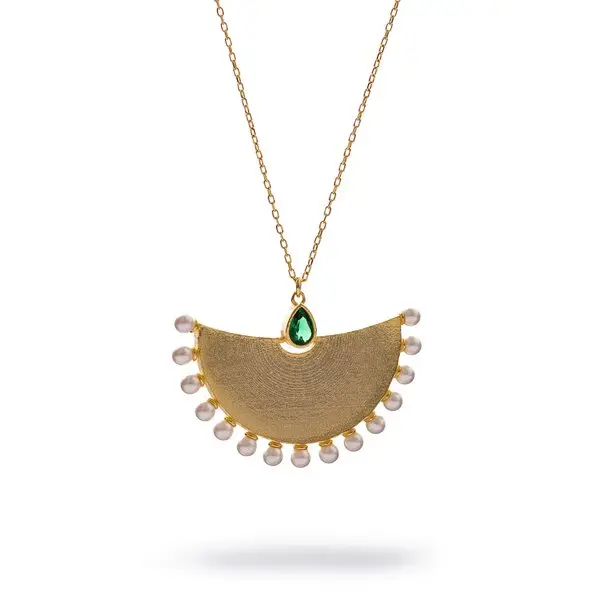 EBRU JEWELRY Cleopatra Moonlight Emerald & Pearl Gold Necklace - Gold/green/white
