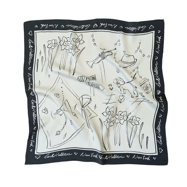 LOST PATTERN Black / White New York In Sketches Silk Scarf Black & White - Black/white