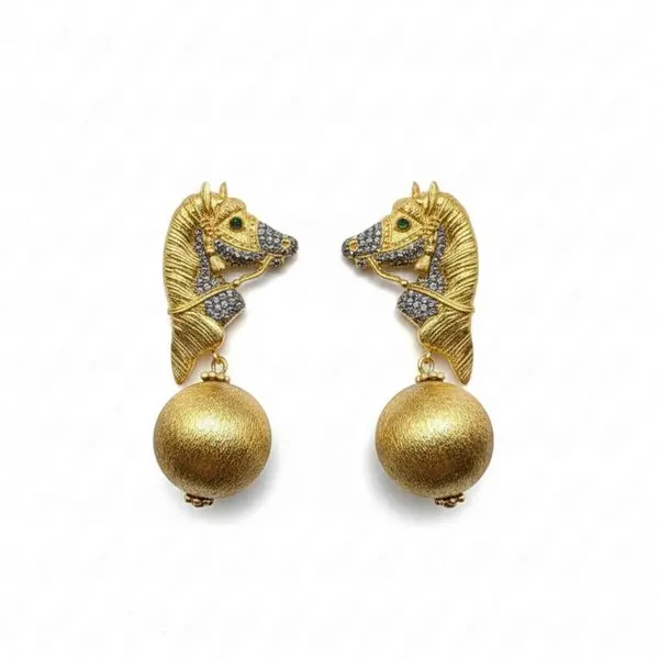 SILVER & ELEGANT Sculpted Horse Head Zircon Bronze Earrings - Gold