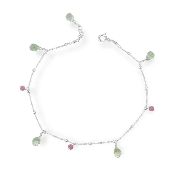 MOUNIR LONDON Beaded Briolette Silver Anklet - Green/pink/silver
