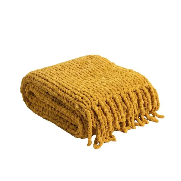 VILLA ABURI Chunky Knit Chenille Blanket With Fringe - Gold