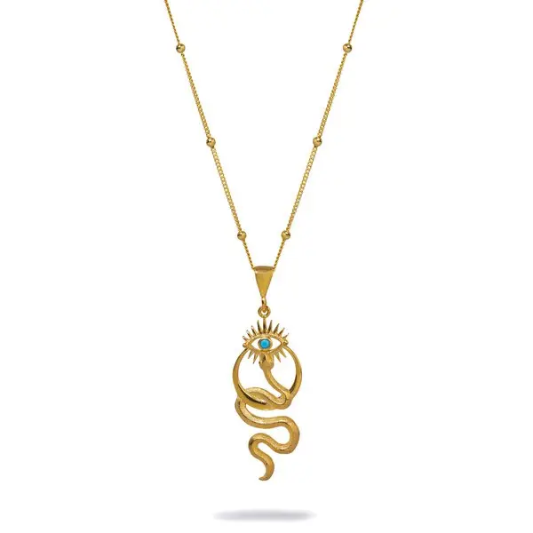 EBRU JEWELRY Spiritual Snake & Evil Eye Gold Necklace - Gold/blue