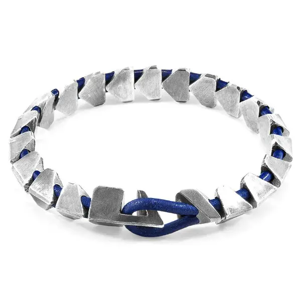 ANCHOR & CREW Brixham Maxi Silver & Round Leather Bracelet - Blue/silver