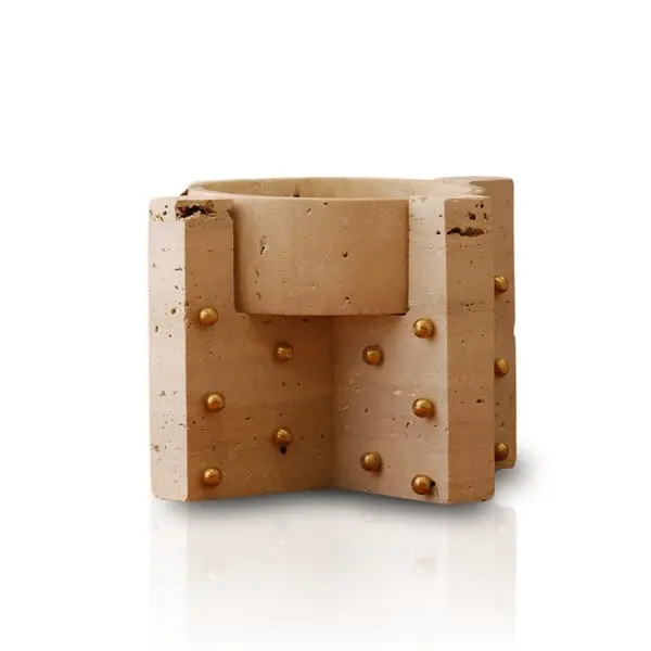 MARLETH Neutrals / Travertine Brass Studded Vessel – Sculptural Stone Accent - Gold