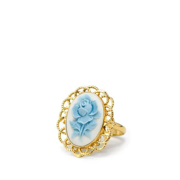 VINTOUCH ITALY Blue Rose Cameo Ring In 18k Gold-plated Sterling Silver - Gold/blue/white