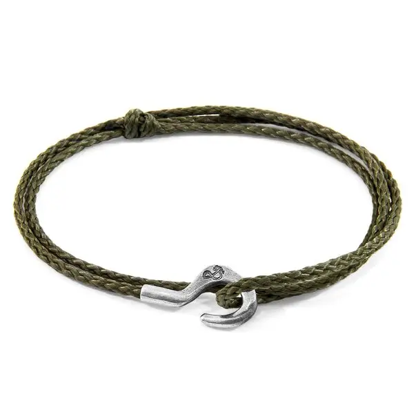 ANCHOR & CREW Khaki Charles Silver & Rope Skinny Bracelet - Green
