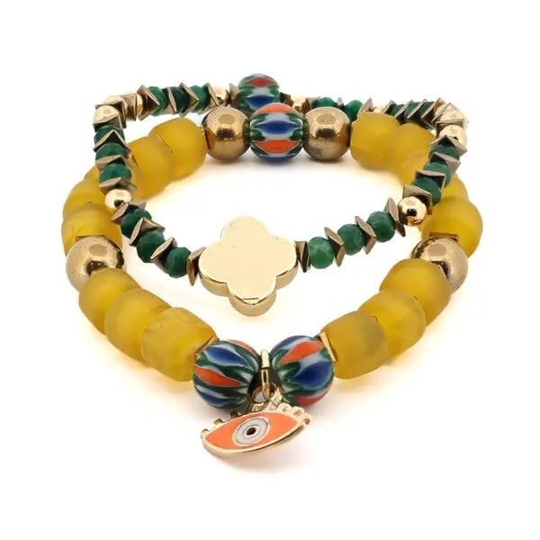 EBRU JEWELRY Evil Eye Beaded Bracelet Set - Blue/gold/yellow