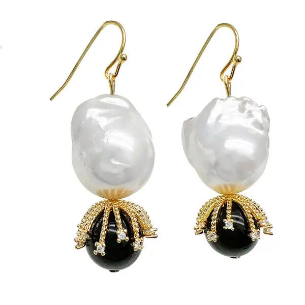 FARRA Baroque Pearl And Black Obsidian Dangle Earrings - White/black
