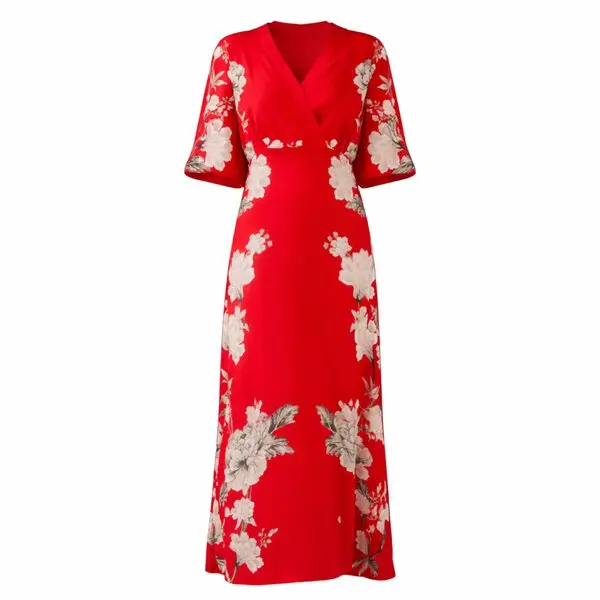 RAISHMA Frankie Floral Printed V-neck Maxi Dress - Red