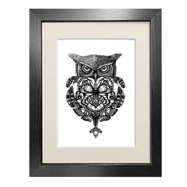 EMILY CARTER The Owl & Pocket Watch' Fine Art Print A5 - Black