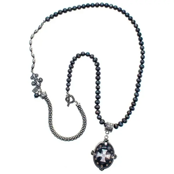 GEM KINGDOM Sterling Silver, Pearl, Fleur-de-lis, And Cross Necklace - Silver/black