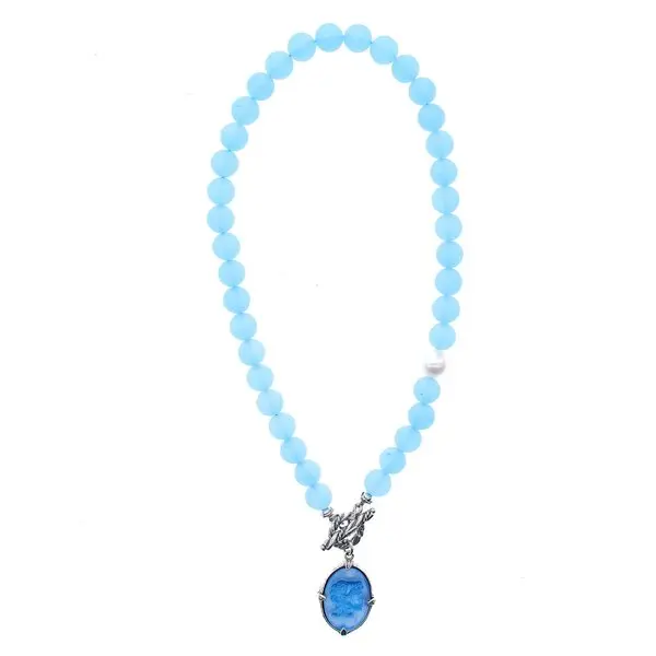 GEM KINGDOM Beaded Jade Necklace With Cameo Pendant - Blue/silver