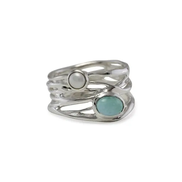 ISLA SILVER Statement Ring With Larimar And Pearl - Blue/white/silver