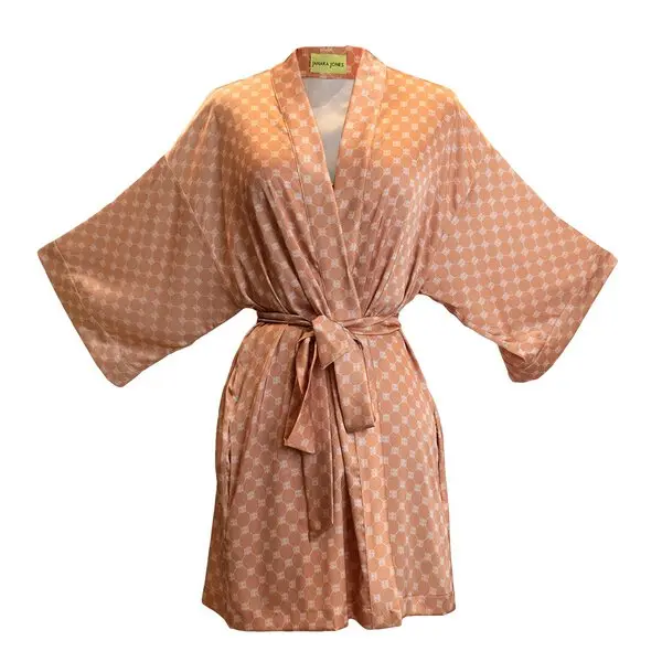 JANARA JONES Apricot Satin Long Sleeve Short Robe - Orange