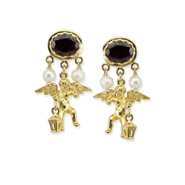 VINTOUCH ITALY Cherubini Garnet & Pearl Drop Earrings - Gold