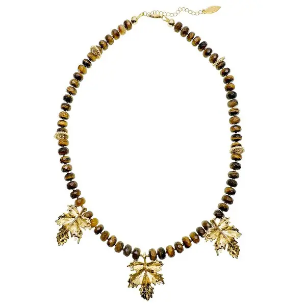 FARRA Tiger Eye And Maple Leaf Pendant Necklace - Brown
