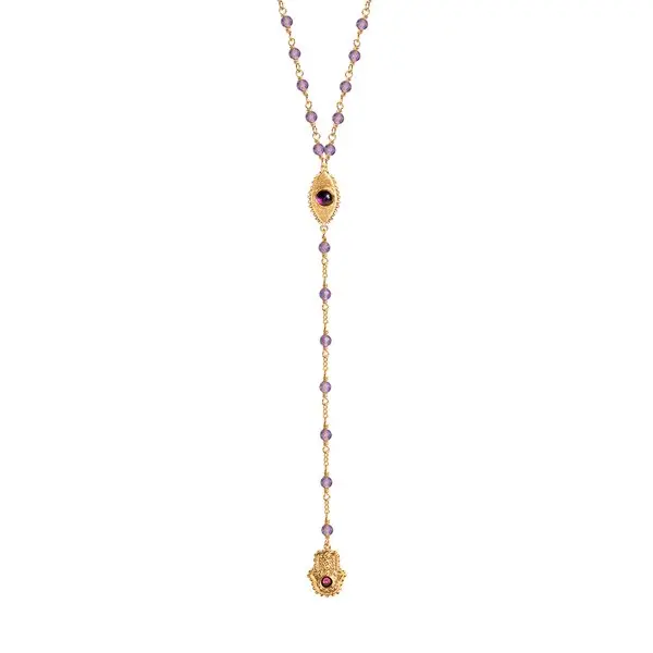 KARMA AND LUCK Amethyst Evil Eye Hamsa Lariat Necklace - Gold