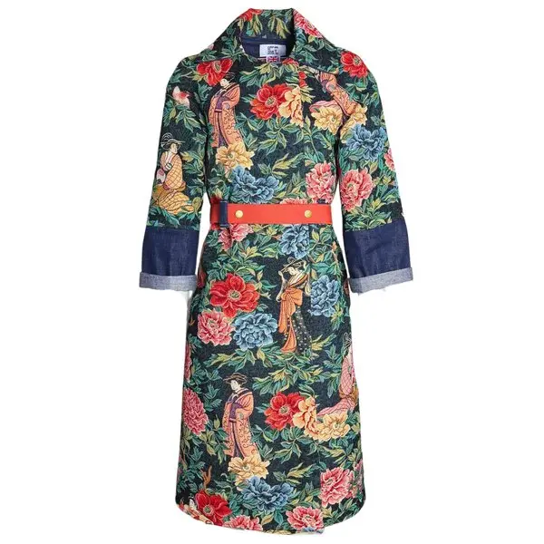 COUTURE TO YOUR DOOR Floral Tapestry Trench Coat With Belt - Green/black