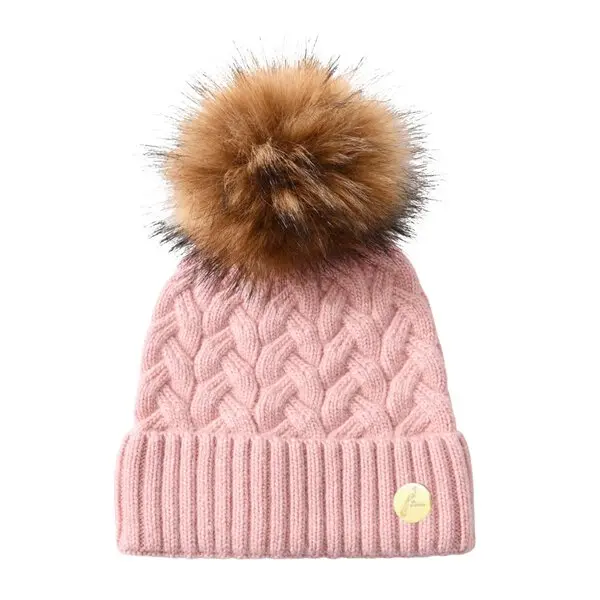 HORTONS ENGLAND Cable Knit Beanie With Faux Fur Pom Pom - Pink