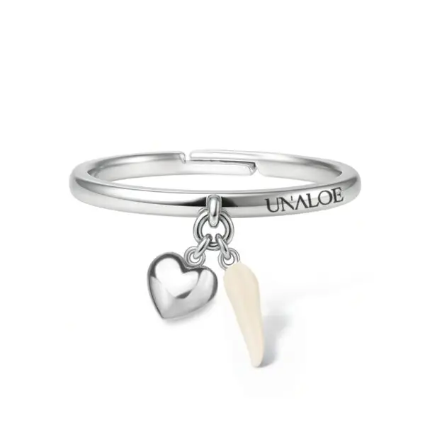 UNALOE Sterling Silver Heart And Italian Horn Charm Ring - Silver/white
