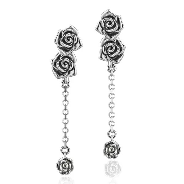 UNALOE Double Rose Chain Dangle Earrings - Silver