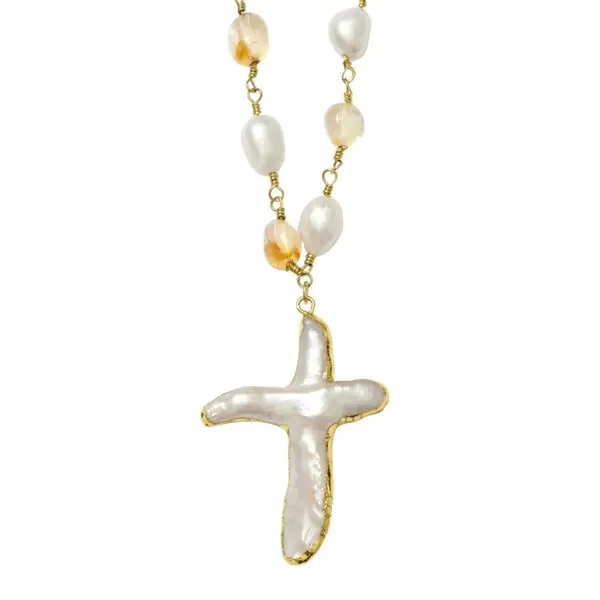 ALEXIE OF ATHENS Santorini Sunset Pearl Cross Strand Necklace - Gold