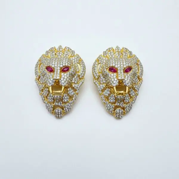 SILVER & ELEGANT Crystal Lion Stud Earrings - Gold