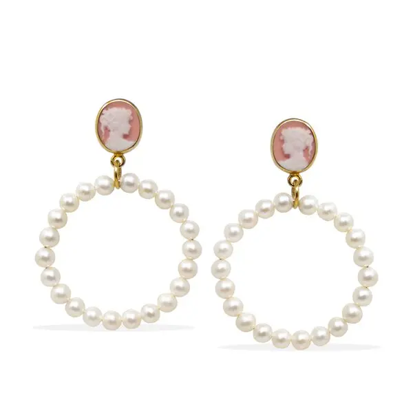 VINTOUCH ITALY A Perfect Circle Pink Cameo And Pearl Earrings - Orange/gold
