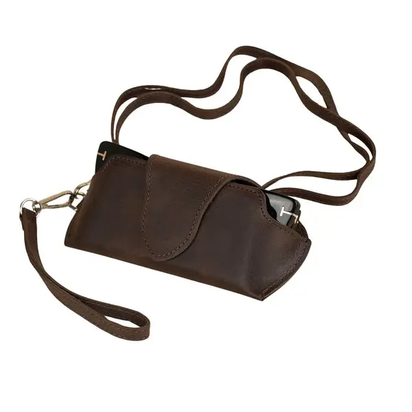 LEATHERE Leather Sunglasses Case With Wrist Strap - Black/brown