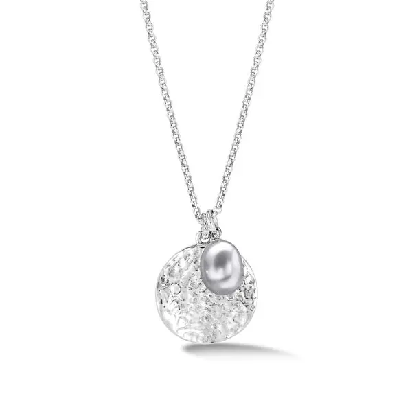 DOWER & HALL Hammered Disc & Dove Grey Freshwater Pearl Pendant In Sterling - Silver