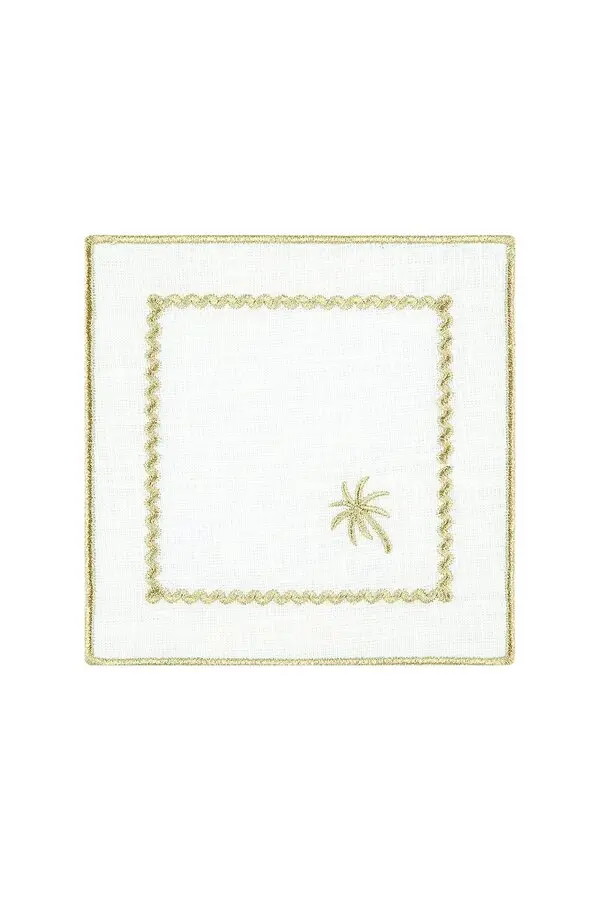ROUMÉLIE ORIENTALE Pure Linen Embroidered Cocktail Napkin Set Of Four “ Palm Charm - White