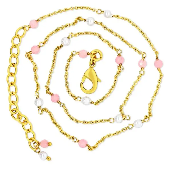 GEM BAZAAR JEWELLERY Gold Vermeil Beaded Chain Necklace With Pearls And Pink Chalcedony - Gold/white/pink