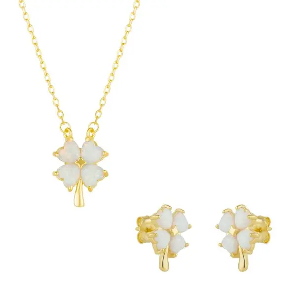 SPERO LONDON White Opal Four Leaf Clover Sterling Silver Necklace & Earring Set - Gold