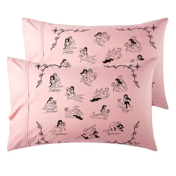 BLACK CAKE Organic Cosmic Love Zodiac Astrology Bedding Pillow Cases Set - Pink