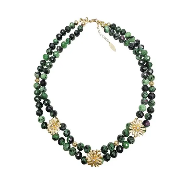 FARRA Gemstone And Daisy Flower Necklace - Green