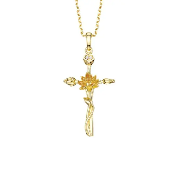 VANIMY Floral Water Lily Cross Pendant Necklace - Gold