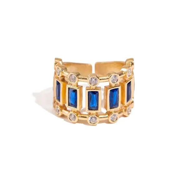 EBRU JEWELRY Radiant Majesty Sapphire Gold Adjustable Cuff Ring - Gold/blue