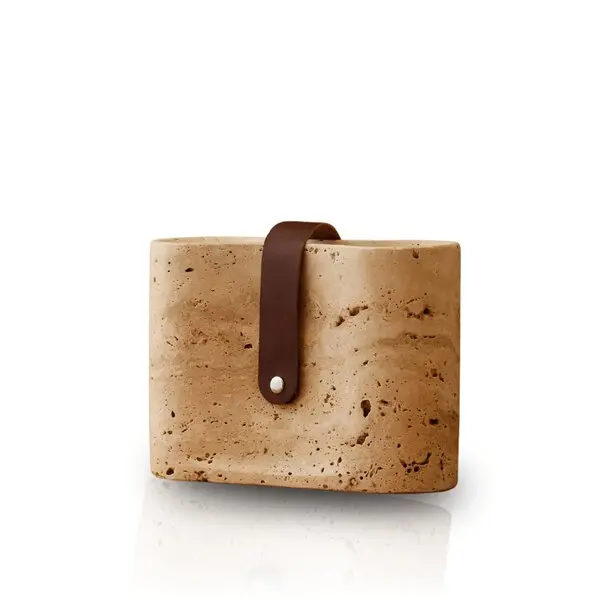 MARLETH Neutrals Handmade Travertine Decorative Object Beige Stone & Brown Leather Strap Detail - Beige/black/brown