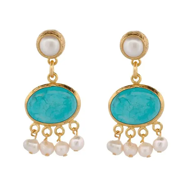 EBRU JEWELRY Gold Plated Turquoise And Pearl Tassel Earrings - Blue/white/gold