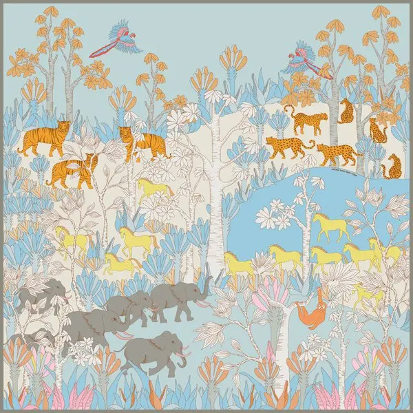 JESSIE ZHAO NEW YORK Orange / Blue Double Sided Silk Scarf Of Jungle Adventure - Orange/blue